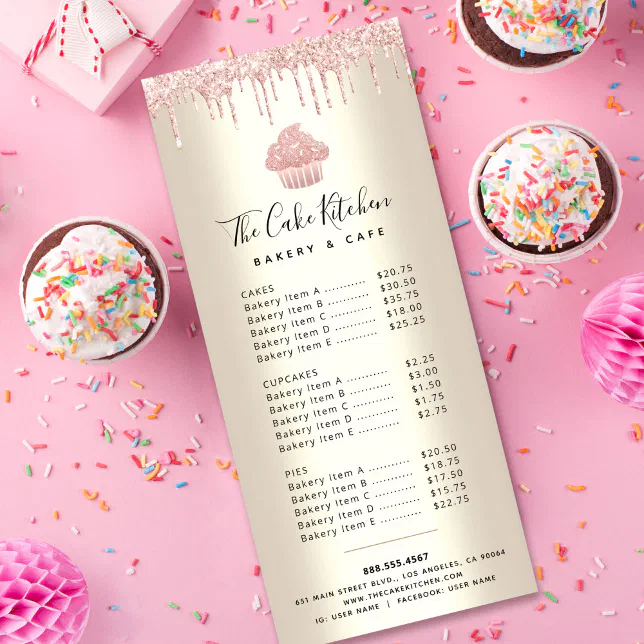 Pink Glitter Cupcake Gold Bakery Pastry Chef Menu | Zazzle