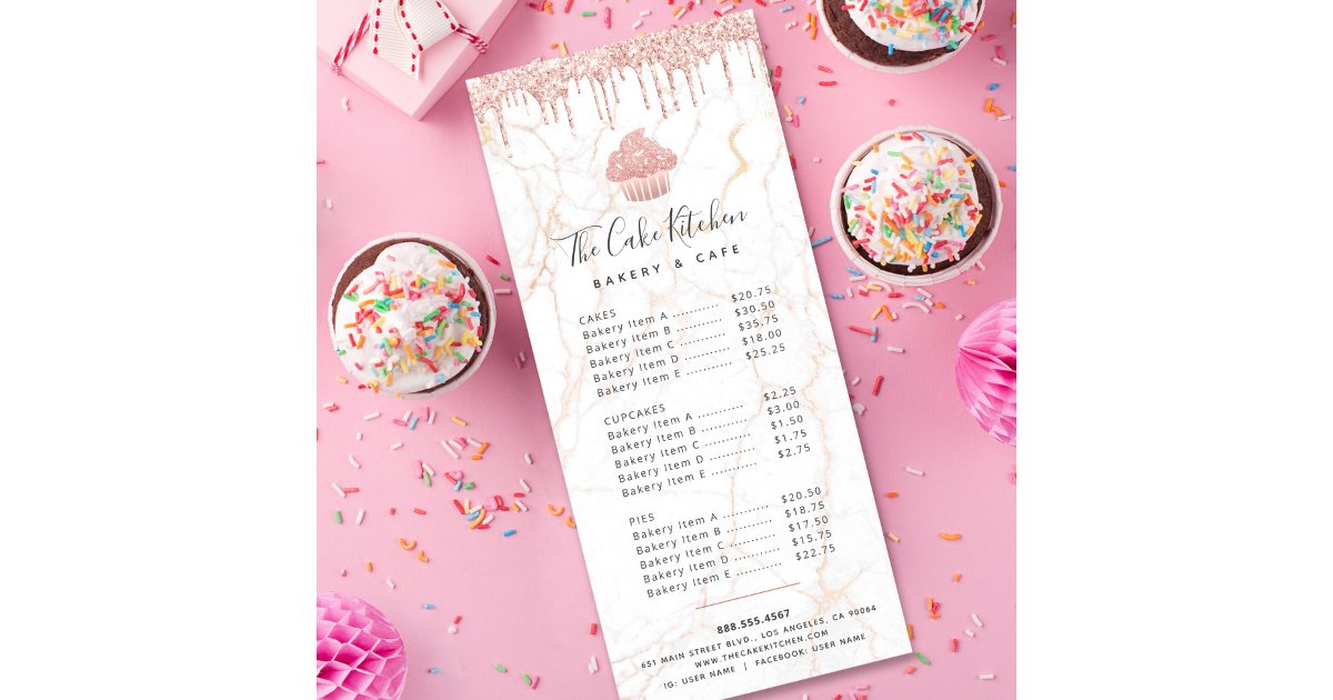 Pink Glitter Cupcake Marble Bakery Dessert Menu | Zazzle