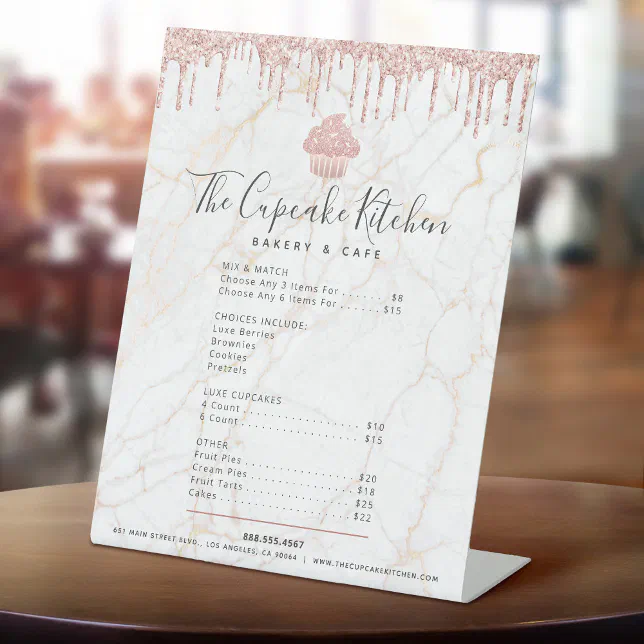 Pink Glitter Cupcake Marble Bakery Menu Price List Pedestal Sign | Zazzle