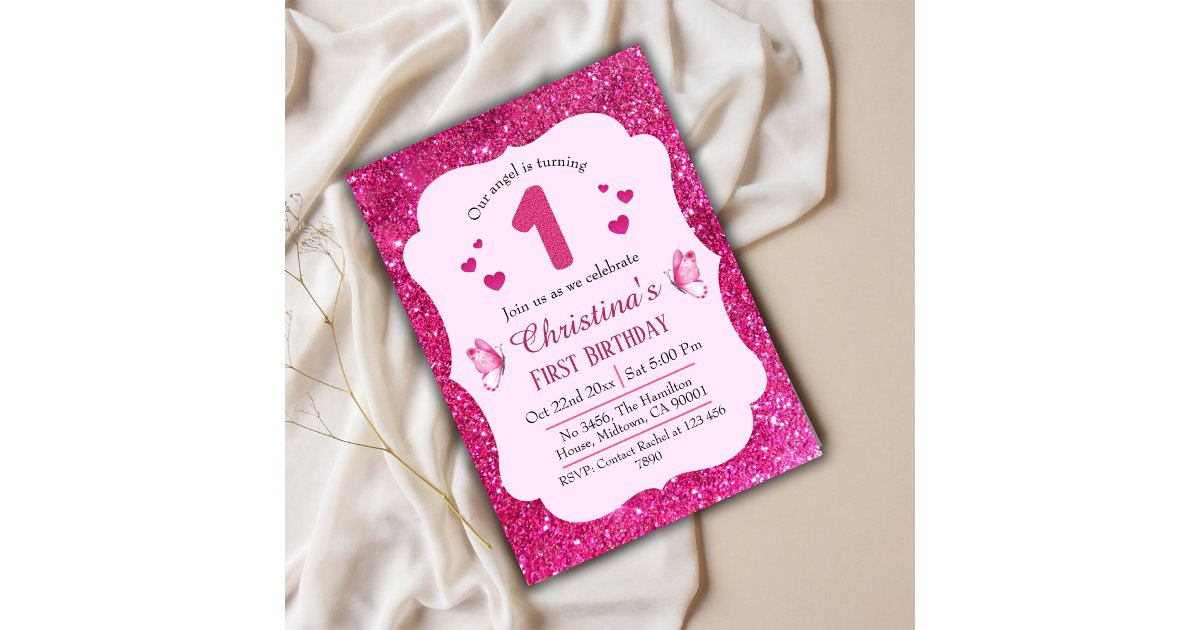 Pink glitter cute vibrant sparkling 1st birthday invitation | Zazzle
