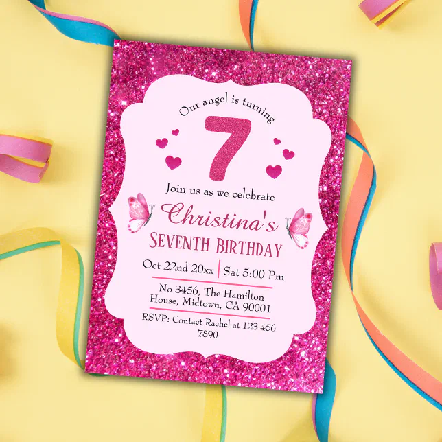 Pink glitter cute vibrant sparkling 7th birthday invitation | Zazzle