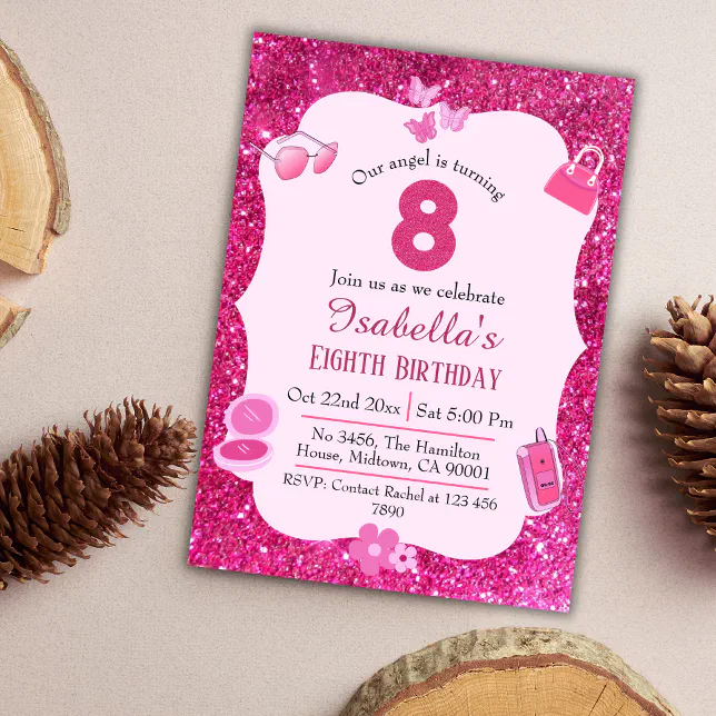 Pink glitter cute vibrant sparkling 8th birthday invitation | Zazzle
