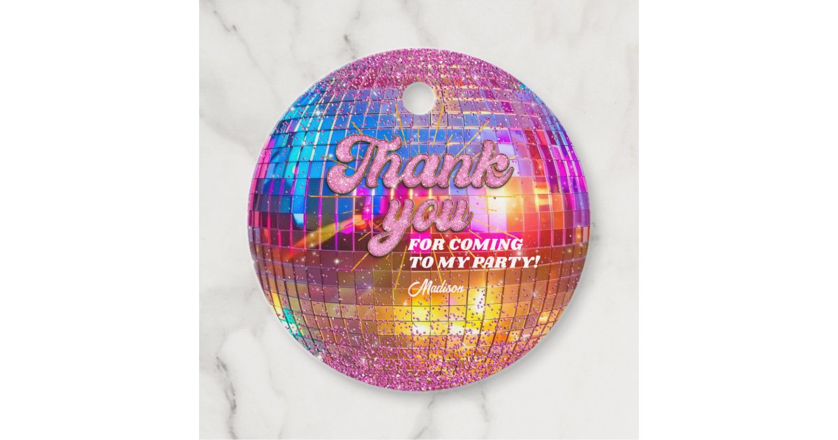 Pink Glitter Disco Ball Birthday Party Thank You Favor Tags | Zazzle