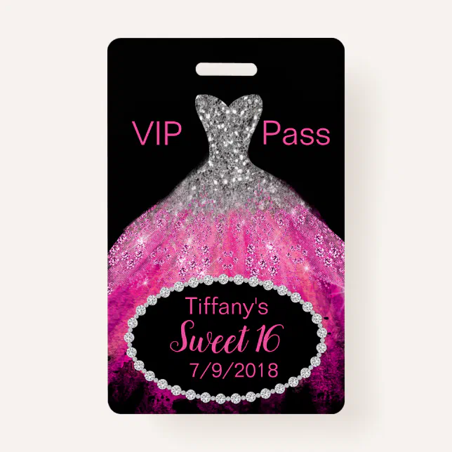 Pink Glitter Dress Sweet 16 VIP Party Badge | Zazzle