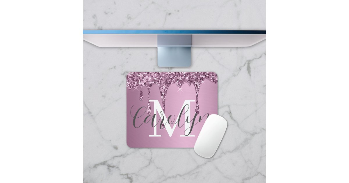 Pink Glitter Drip Custom Name Mousepad | Zazzle