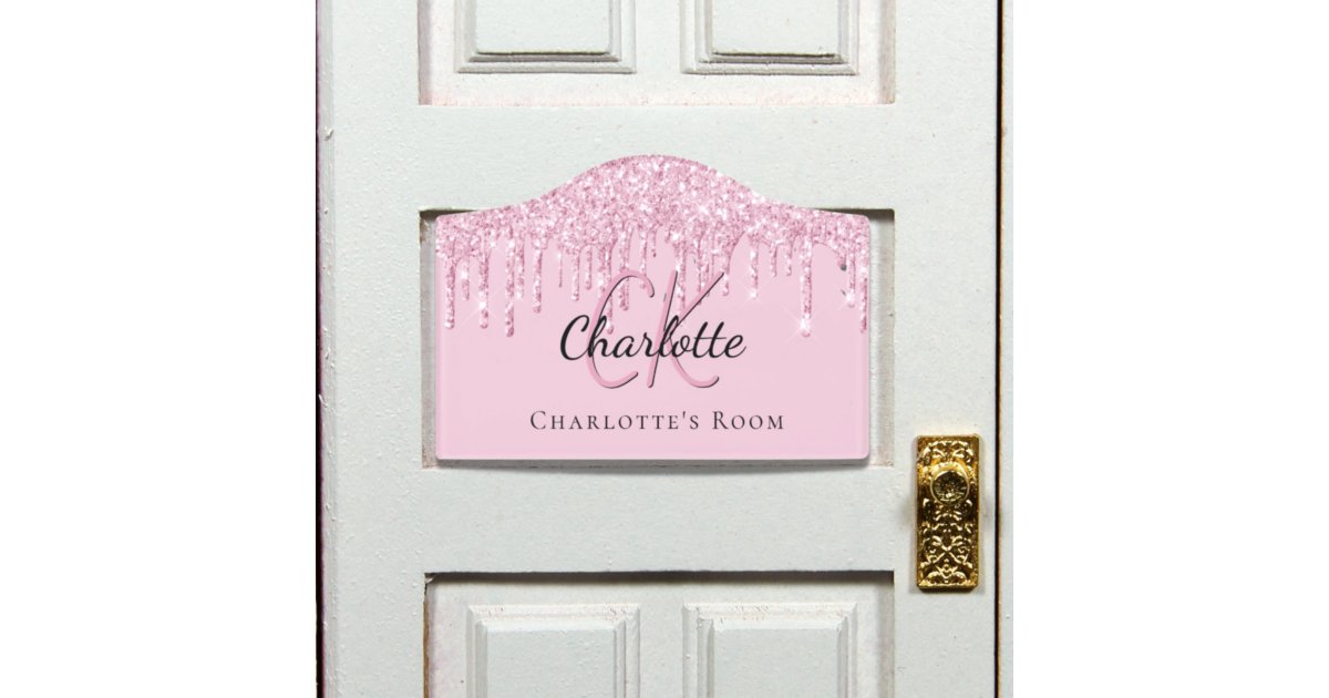 Pink glitter drips custom monogram name door sign | Zazzle
