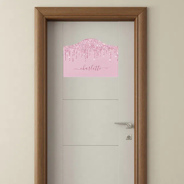 Pink glitter drips custom monogram name script door sign | Zazzle