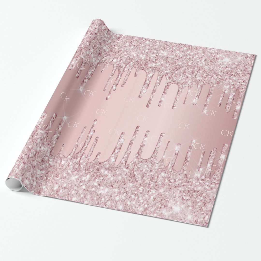 Pink glitter drips sparkle monogram dusty rose wrapping paper | Zazzle