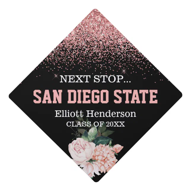 Pink Glitter Floral Next Stop Graduation Cap Topper | Zazzle