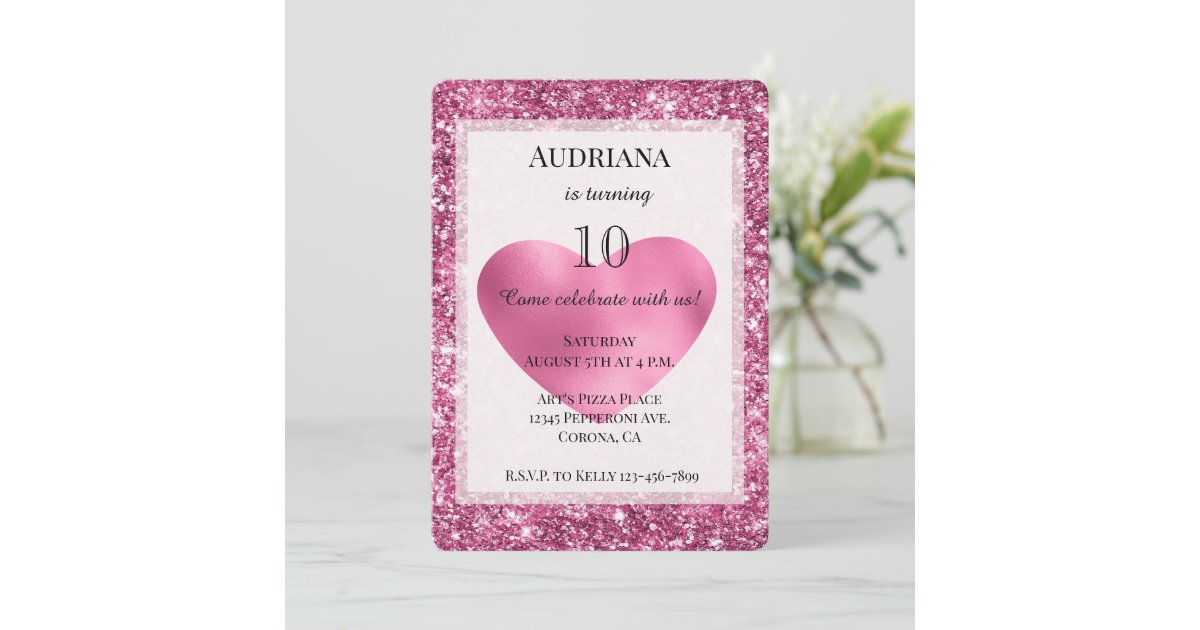 Pink Glitter Glam Heart Birthday Invitation | Zazzle