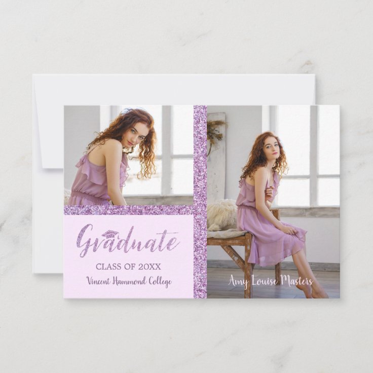 Pink Glitter Graduate Simple 2 Photos Graduation | Zazzle