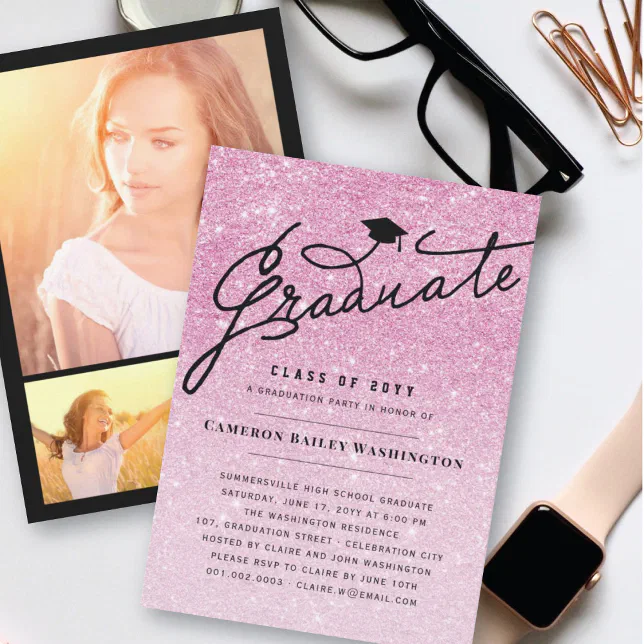 Pink Glitter Graduate Stylish Graduation Cap Party Invitation | Zazzle