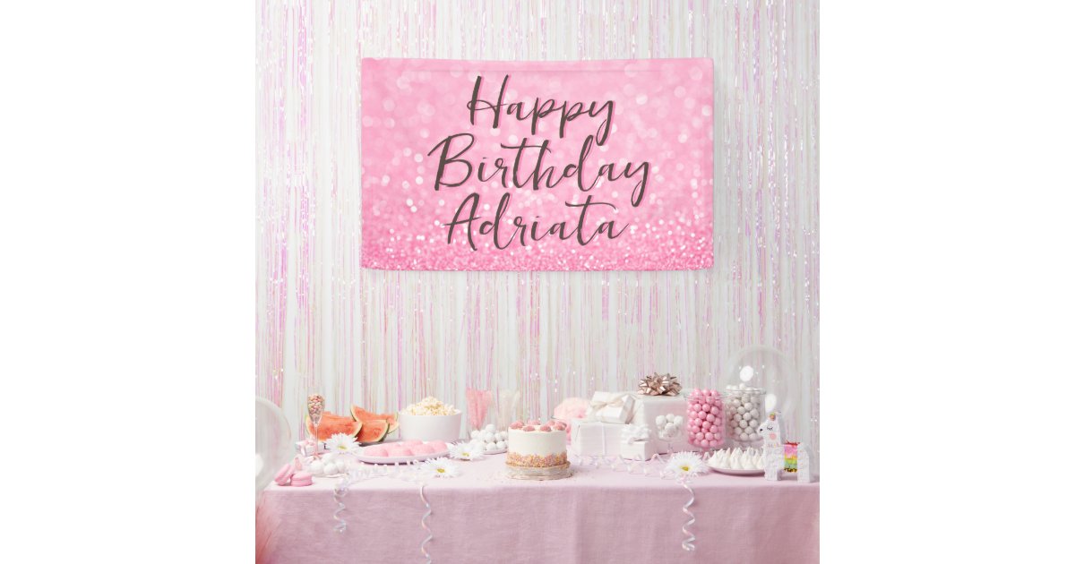 Pink Glitter Happy Birthday Personalized Custom Banner | Zazzle