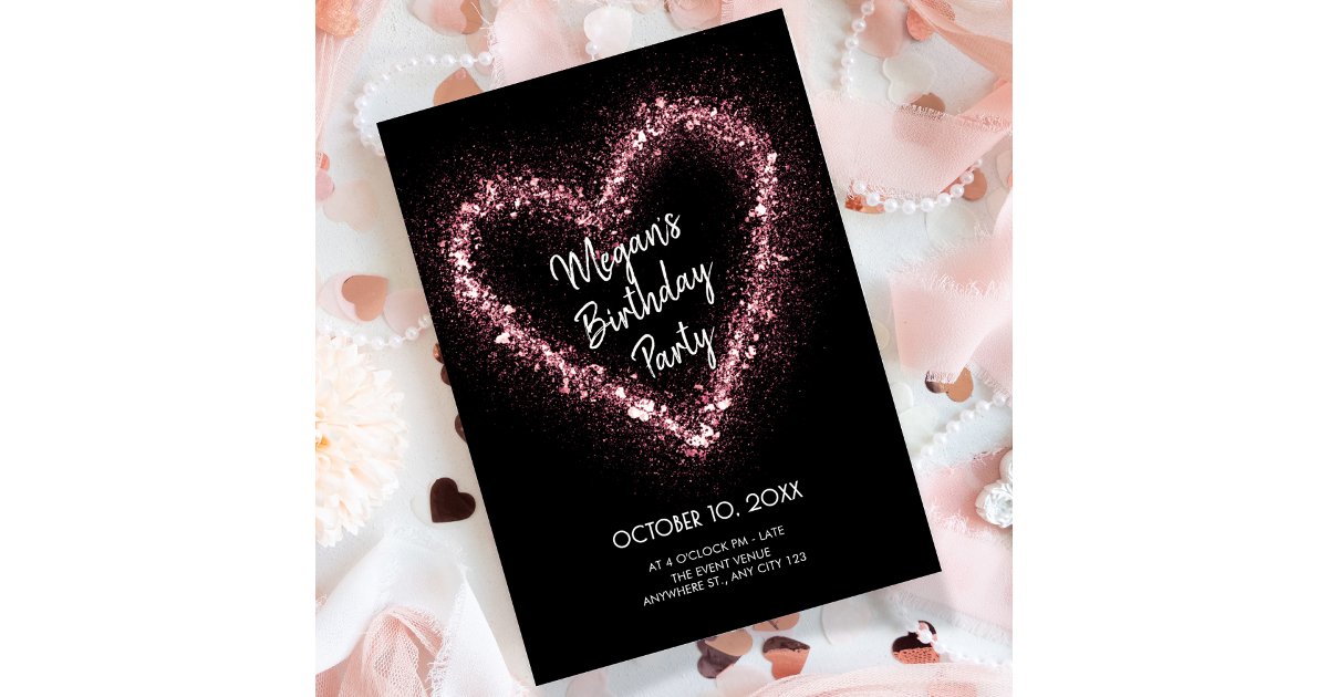 Pink glitter heart birthday invitation | Zazzle