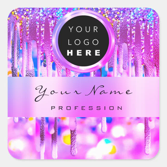 Pink Glitter Holographic Business Logo Name Square Sticker | Zazzle