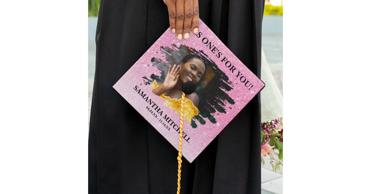 Pink Glitter In Honor of Photo Tribute Graduation Cap Topper | Zazzle