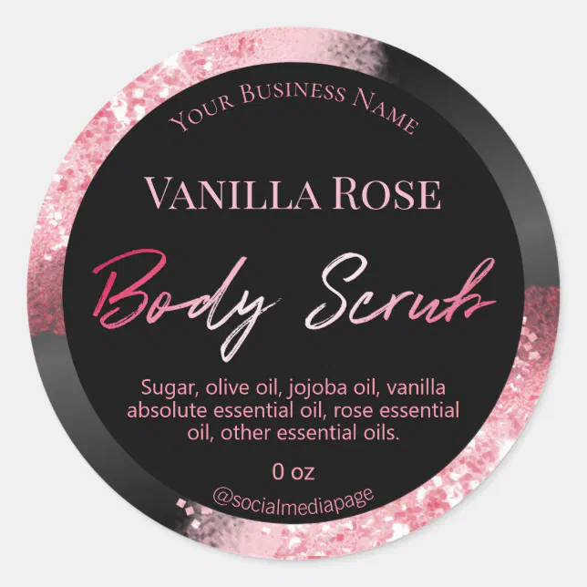 Pink Glitter Ink On Black Body Scrub Labels | Zazzle