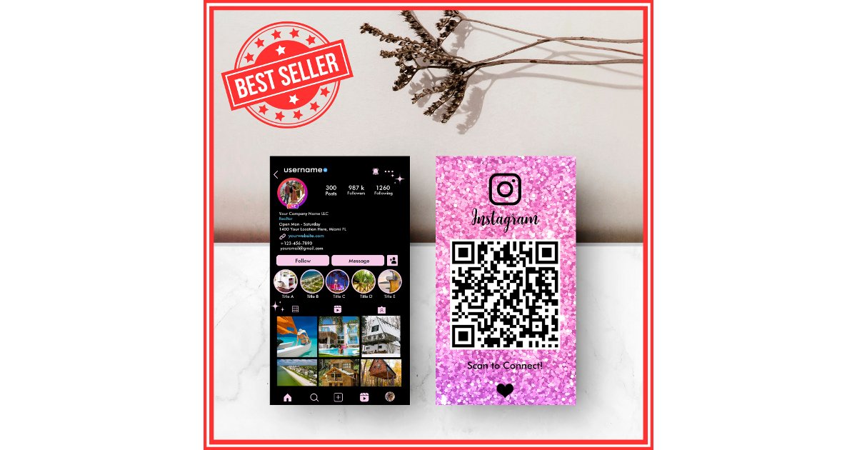 Pink Glitter Instagram LUXURY QR Code Business Card | Zazzle