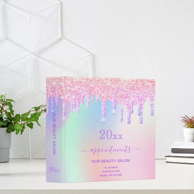Pink glitter iridescent beauty salon business 3 ring binder | Zazzle