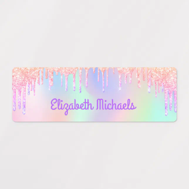 Pink glitter iridescent name school belongings labels | Zazzle