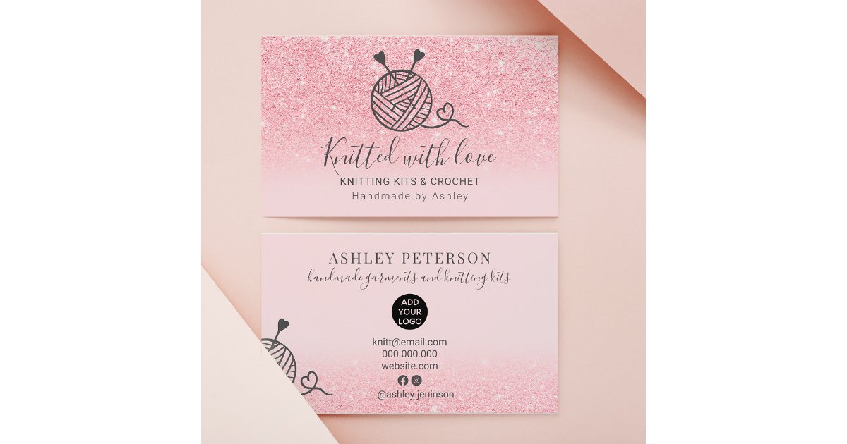 Pink glitter knitting crochet yarn handmade business card | Zazzle