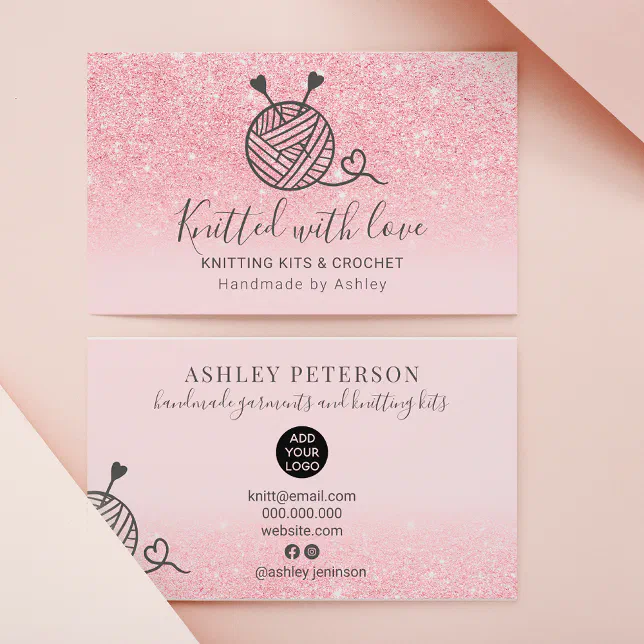 Pink glitter knitting crochet yarn handmade business card | Zazzle