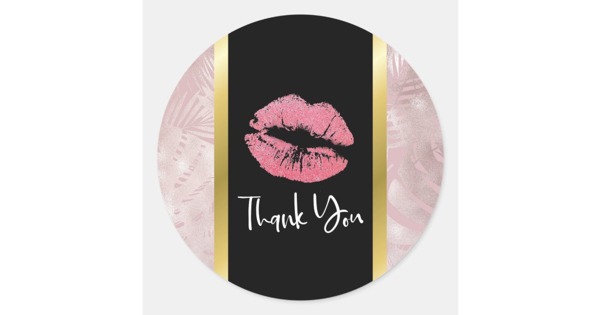 Pink Glitter Lips & Rose Gold Leaves Thank You Classic Round Sticker ...