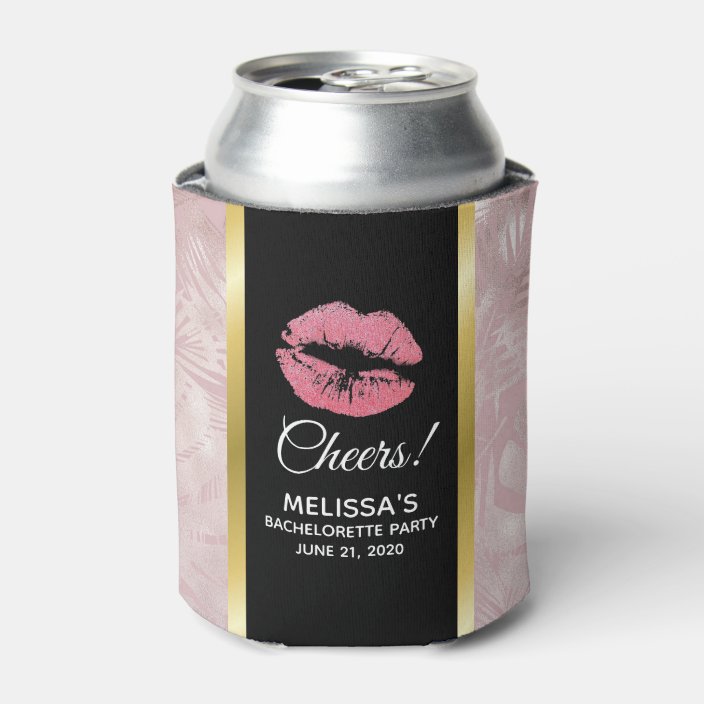Pink Glitter Lips & Rose Gold Tropical Leaves Can Cooler | Zazzle.com