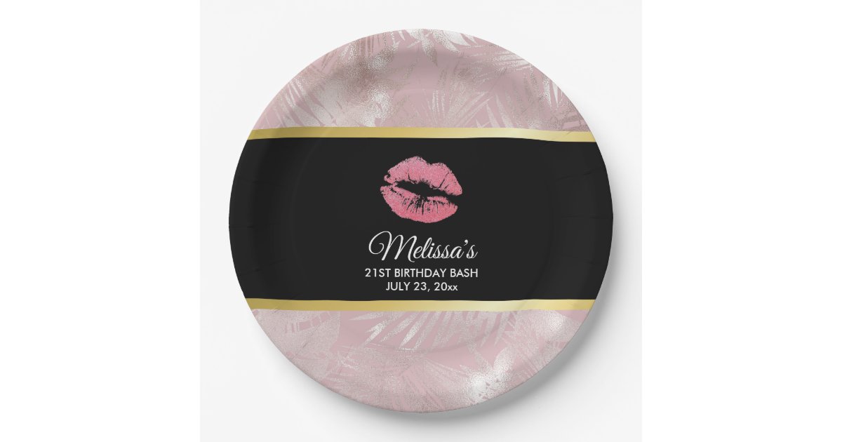 Pink Glitter Lips & Rose Gold Tropical Leaves Paper Plates | Zazzle