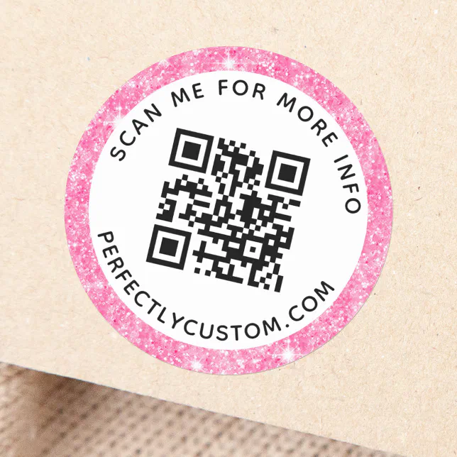 Pink glitter look border QR code and text Classic Round Sticker | Zazzle