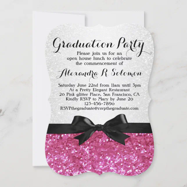 Pink Glitter-look Bow Graduation Party Invitation | Zazzle