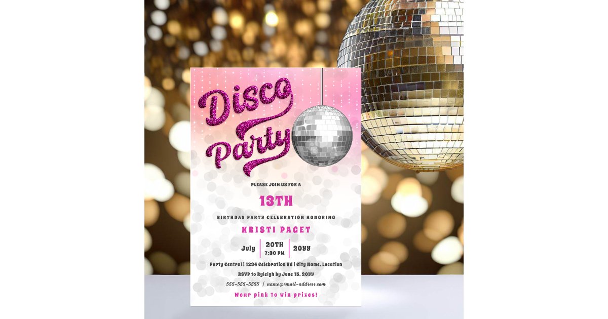 Pink Glitter Look Disco Party Birthday Invitation | Zazzle