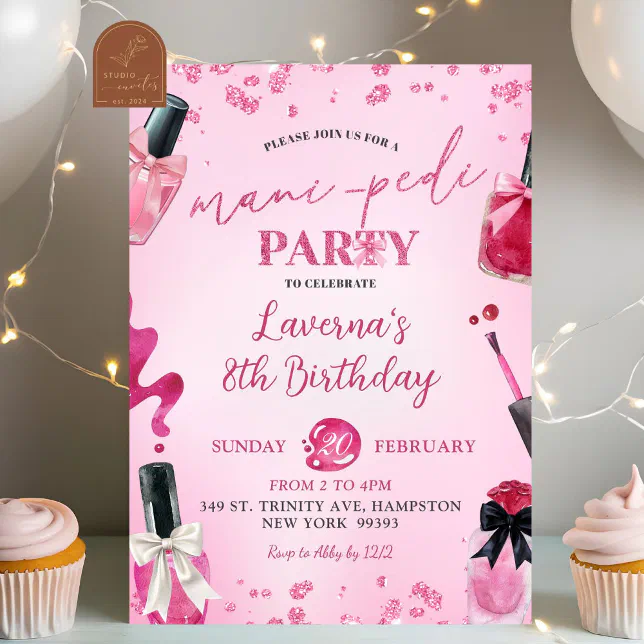 Pink Glitter Mani-Pedi Birthday Party Invitation | Zazzle