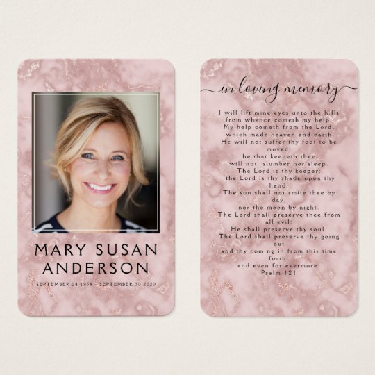 Pink Glitter Marble Photo Memorial Prayer Card | Zazzle.com