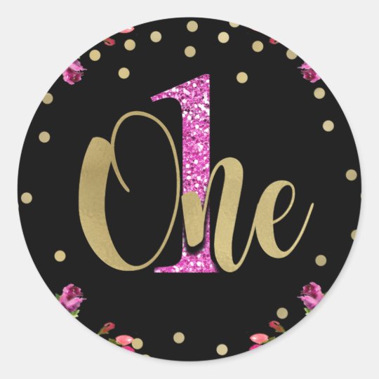 Pink Glitter ONE Black Floral 1st Birthday Party Classic Round Sticker ...