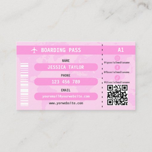 Pink Glitter Passport World Map Boarding Pass Business Card | Zazzle