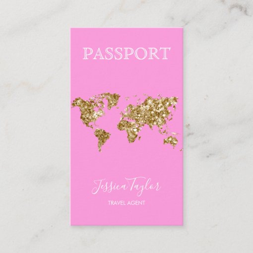 Pink Glitter Passport World Map Boarding Pass Business Card | Zazzle