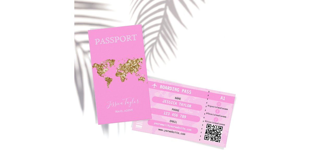 Pink Glitter Passport World Map Boarding Pass Business Card | Zazzle