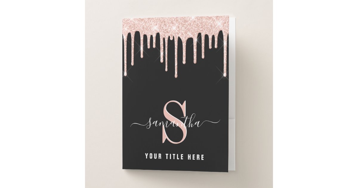 Pink Glitter Personalized Black Pocket Folder | Zazzle