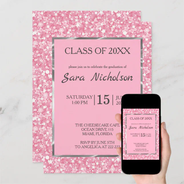 Pink Glitter Pink-Silver Frame Invitation | Zazzle