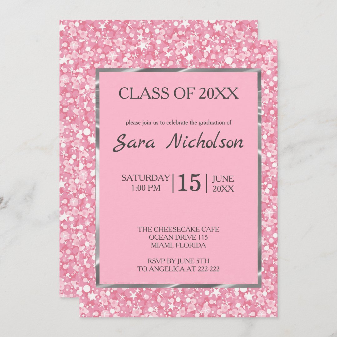 Pink Glitter Pink-Silver Frame Invitation | Zazzle