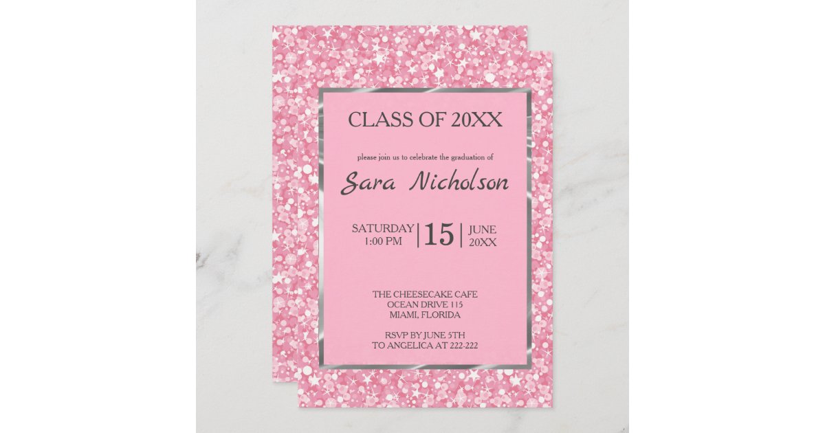 Pink Glitter Pink-Silver Frame Invitation | Zazzle