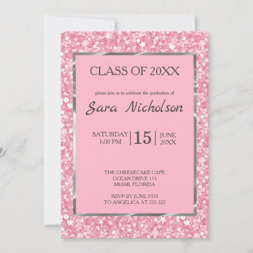 Pink Glitter Pink-Silver Frame Invitation | Zazzle