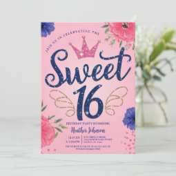 Pink Glitter Princess Crown Sweet 16 Birthday Invitation | Zazzle