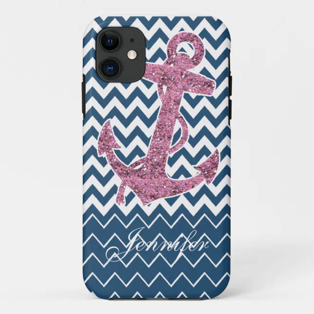 Pink Glitter Print Anchor Nautical Navy Blue Case | Zazzle
