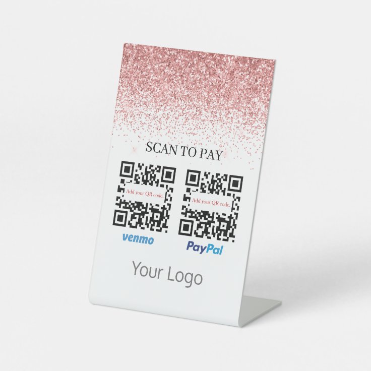 Pink Glitter QR Code Scan to Pay Your Logo Pedestal Sign | Zazzle