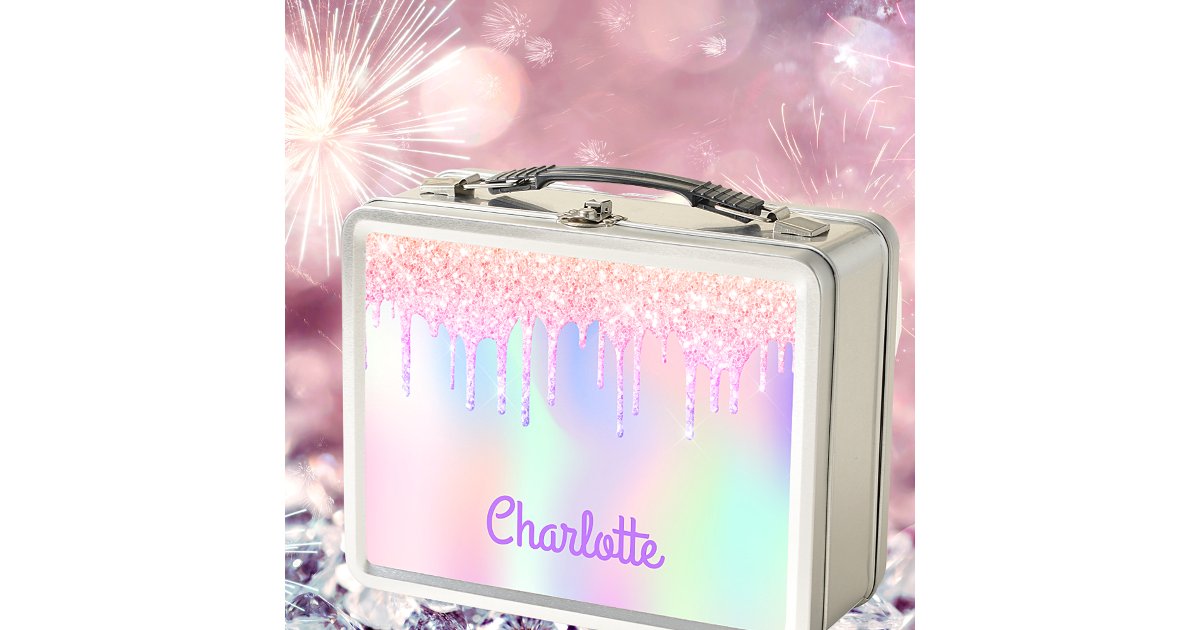 Pink glitter rainbow sparkle iridescent monogram metal lunch box | Zazzle