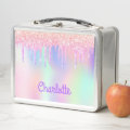 Pink glitter rainbow sparkle iridescent monogram metal lunch box | Zazzle