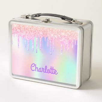 Pink glitter rainbow sparkle iridescent monogram metal lunch box | Zazzle