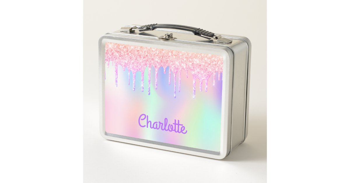 Pink glitter rainbow sparkle iridescent monogram metal lunch box ...